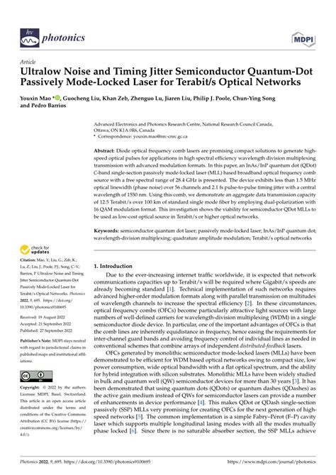 Pdf Ultralow Noise And Timing Jitter Semiconductor Quantum Dot Passively Mode Locked Laser For