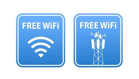 무료 와이파이 기호 기호 무료 와이파이 라벨 무료 와이파이 구역 파란색 아이콘입니다 통신 타워 무료 와이파이는 여기에 서명 개념입니다 Eps10입니다 격리된 흰색 배경입니다