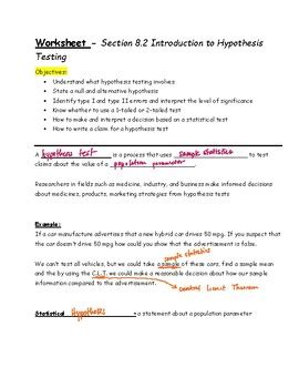 Teacher Guide Lesson Introduction To Hypothesis Testing TPT