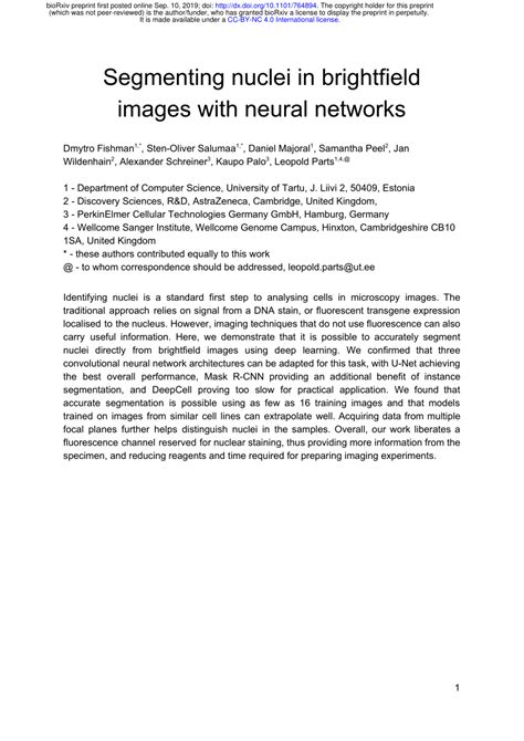 Pdf Segmenting Nuclei In Brightfield Images With Neural Networks