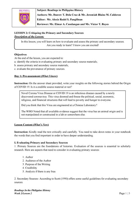 RPH Lesson RPH LESSON Critiquing The Primary And Secondary Sources Description Of