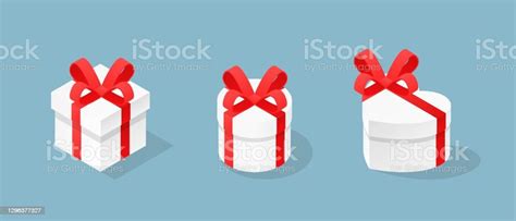 사실적인 벡터 일러스트 화이트 선물과 빨간 리본 리본이있는 선물 상자 등가성 선물 상자는 평면 만화 스타일로 아이콘을 설정합니다 리본 리본 일러스트가 있는 상자를 제시합니다