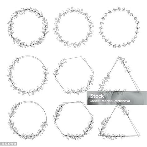 다양한 모양의 미니멀한 허브 화환 세트 벡터 손으로 그린 라인 아트 그래픽 로고 모노그램 디자인 제작 및 봄 또는 여름 관련 디자인 대형에 대한 스톡 벡터 아트 및 기타