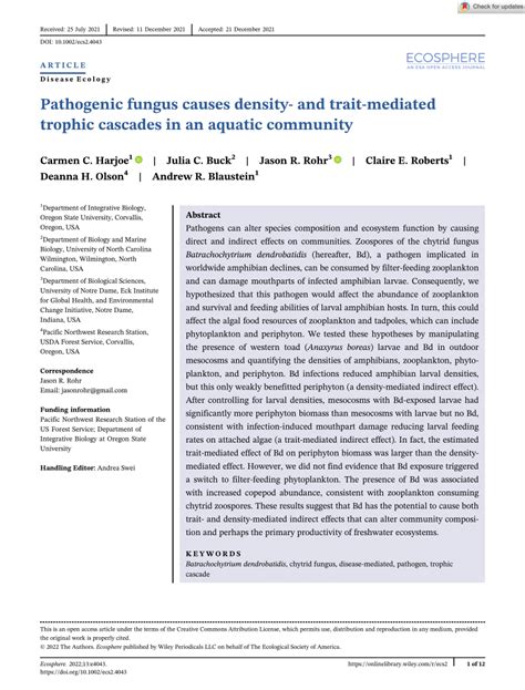 Pdf Pathogenic Fungus Causes Density‐ And Trait‐mediated Trophic