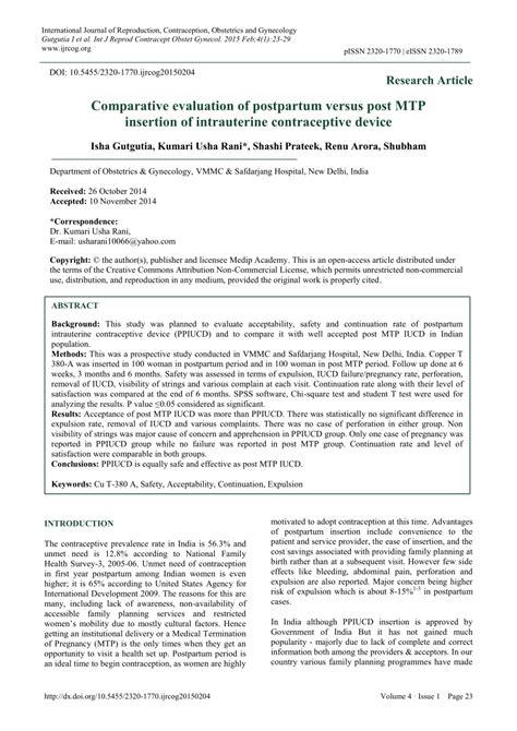 PDF Comparative Evaluation Of Postpartum Versus Post MTP Insertion Of Intrauterine