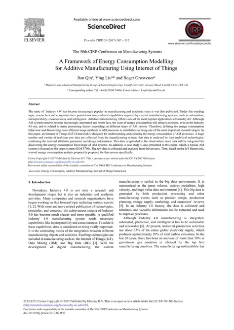 Pdf A Framework Of Energy Consumption Modelling For Additive Manufacturing Using Internet Of