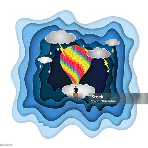 다채로운 뜨거운 공기 풍선 비가 폭풍과 종이 예술과 공예 스타일 개념으로 어두운 밤에 구름에서 사업가의 종이 접기 층 마천루 벡터 일러스트 레이 터 계절에 대한 스톡 벡터