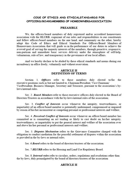Hoa Code Of Ethics And Ethicalstandards For Officers Pdf Conflict Of Interest Board Of