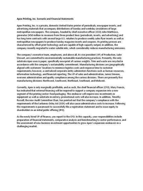 Apex Scenario And Financial Statements Pdf Newspapers Sarbanes