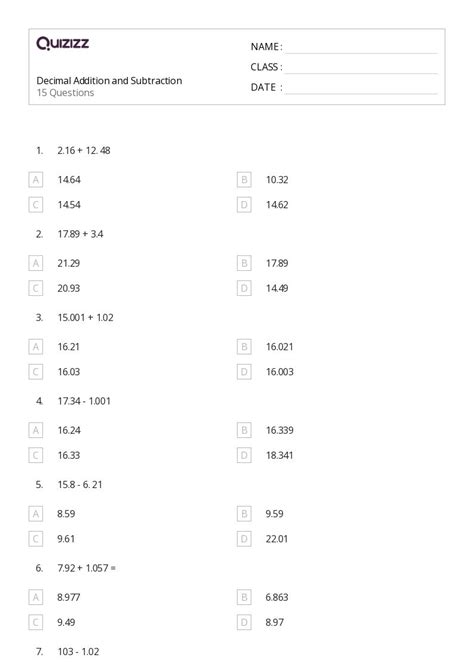 50 subtraction worksheets for 7th grade on quizizz free and printable