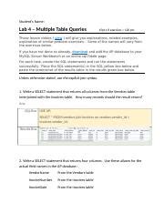 Lab4-multiple table queries.docx - Student's Name: Lab 4 - Multiple Table Queries 15pt x 8 ...