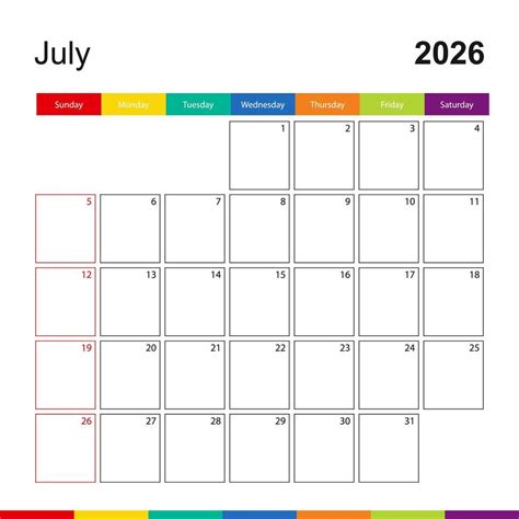 July 2026 Colorful Wall Calendar Week Starts On Sunday 71309907