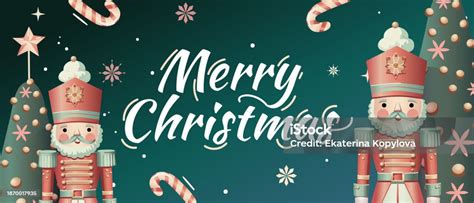 호두 까기 인형 크리스마스 트리 사탕 스틱 및 눈송이가 있는 크리스마스 배너 수평 포스터 인사말 카드 헤더 웹 사이트 벡터 일러스트 레이 션 크리스마스에 대한 스톡 벡터