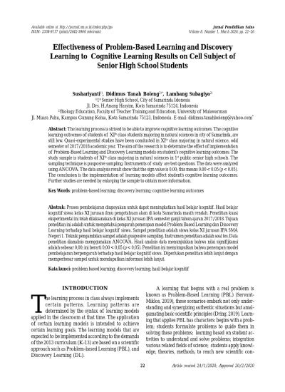 Effectiveness Of Problem Based Learning And Discovery Learning To Cognitive Learning Results On