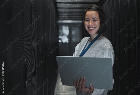 Woman With Laptop Server Room And Information Technology Smile In Portrait With Engineer And