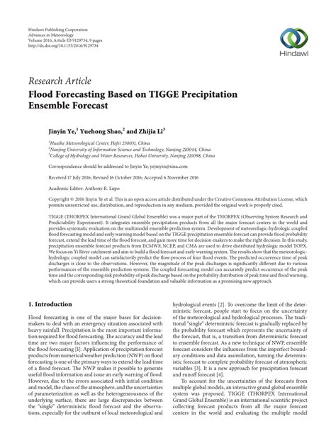 Pdf Flood Forecasting Based On Tigge Precipitation Ensemble Forecast