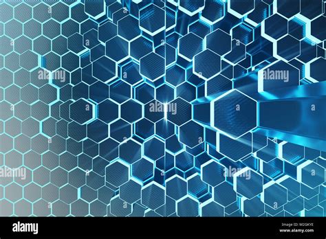 3d Illustration Abstract Blue Of Futuristic Surface Hexagon Pattern With Light Rays Blue Tint