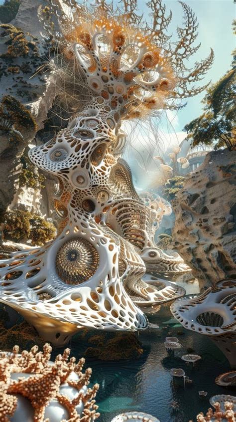 An Alien Landscape With A Giant Treelike Structure In The Center Stock