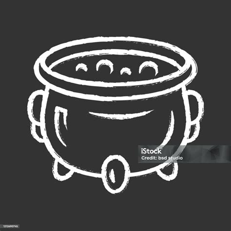 마녀 가마솥 분필 아이콘입니다 물약을 추출합니다 사악한 마술과 마법 마녀 수프 철 냄비 끓는 마법의 독 보일러 액체 할로윈 마법사 항목입니다 절연 벡터 칠판 그림 가마솥에