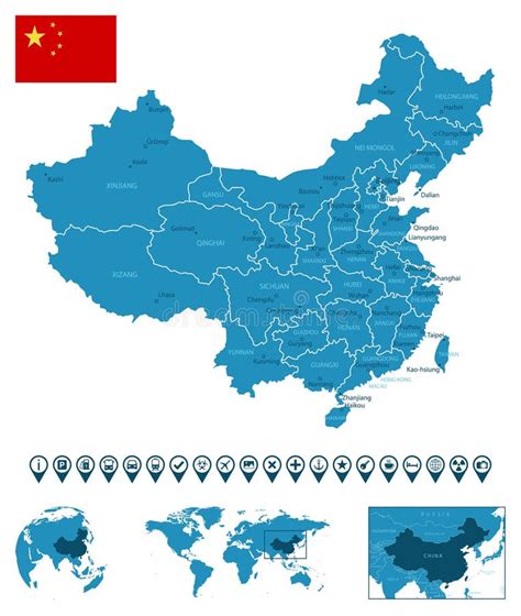 China Detailed Map Highlighted On Blue Rounded World Map Stock Vector