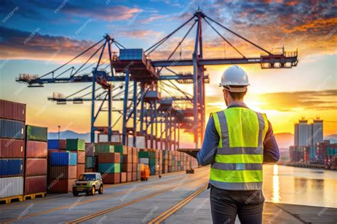 Dock Worker Supervising Cargo Operations At Sunset Generative Ai Premium Ai Generated Image
