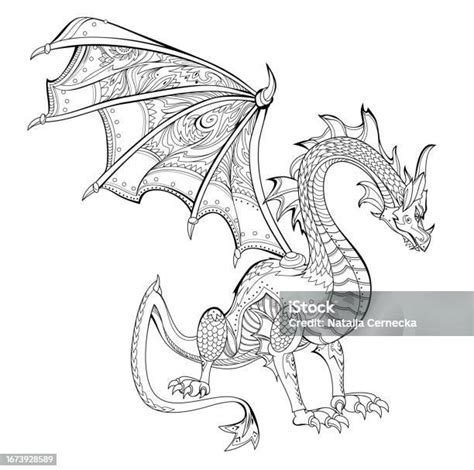 고대 전설에 나오는 호전적인 용의 삽화 아이들 색칠하기 책을 위한 인쇄 가능한 페이지입니다 로고 또는 문신을 인쇄하십시오