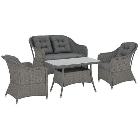 Outsunny Four Piece Rattan Set With Glass Top Table Light Grey