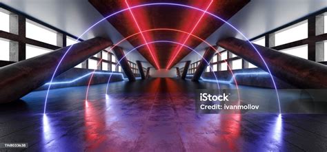 미래의 네온 공상 과학 Fi 활기찬 빛나는 보라색 블루 화이트 홀 거 대 한 창 콘크리트 그런 지 레이저 무대 복도 입구 게이트 경로 가상 추상 모양 반사 3d 렌더링 0