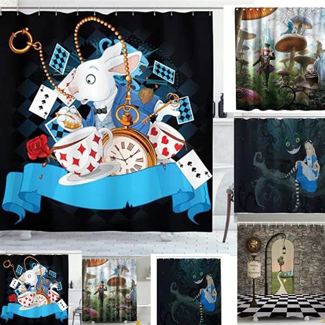 이상한 나라의 만화 앨리스 포커 샤워 커튼 후크와 방수 욕실 장식 3d 소녀 소년 선물 티몬