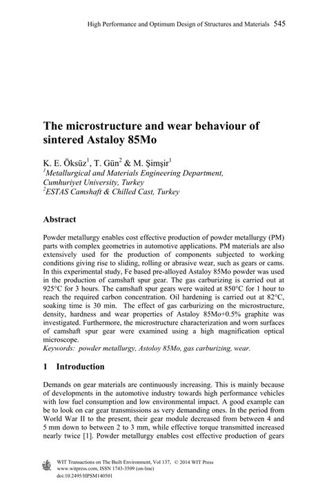 Pdf The Microstructure And Wear Behaviour Of Sintered Astaloy 85mo
