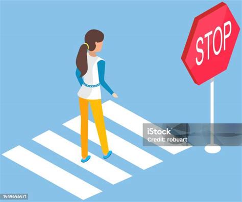 정지 표지판 근처에서 길을 건너는 여자 횡단보도를 따라 보행자 산책 차도를 통과하는 여자 거리에 대한 스톡 벡터 아트 및 기타 이미지 Istock