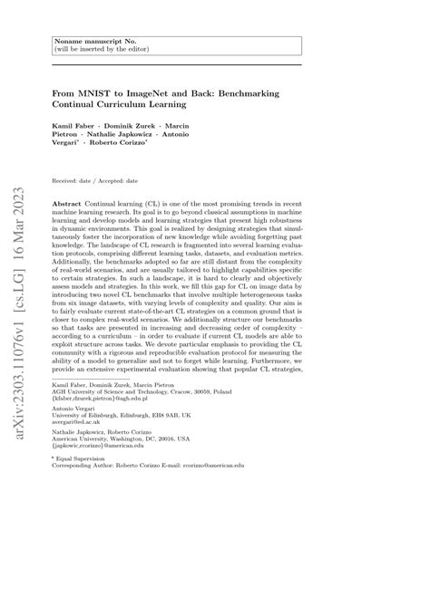 Pdf From Mnist To Imagenet And Back Benchmarking Continual Curriculum Learning