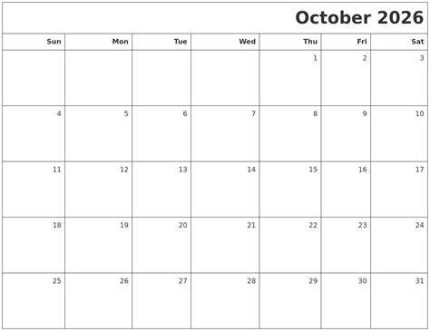 Download And Print Blank Calendar October 2026 Free Printable Free Pdf