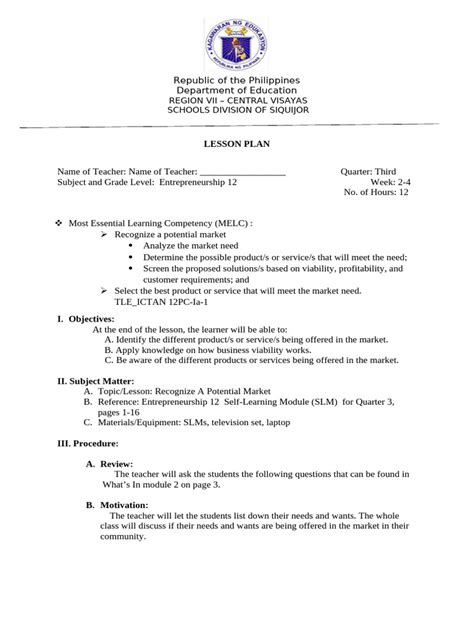Prototype Lesson Plan Entrep Module 2 Pdf Lesson Plan Teachers