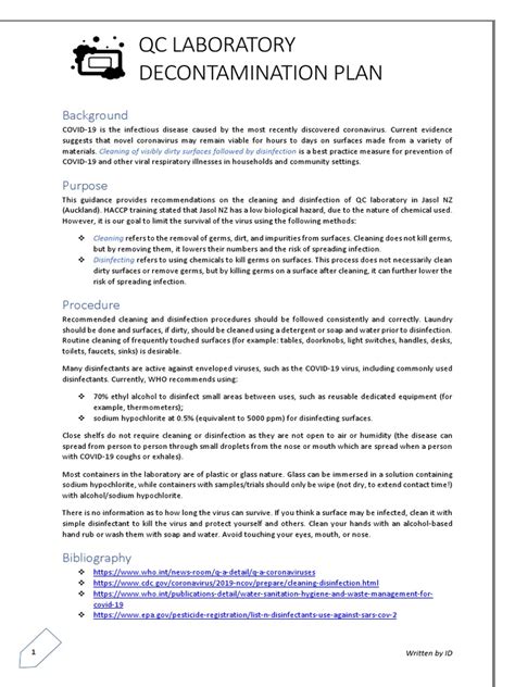 Decontamination Plan For Qc Laboratory At Jasol Nz Recommended