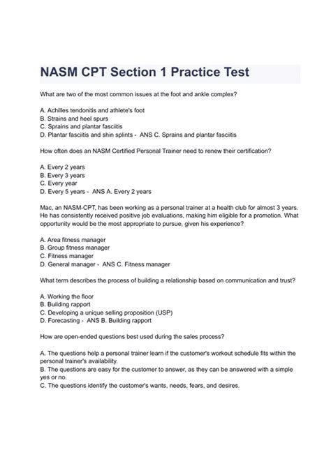 Nasm Cpt Section 1 Practice Test Questions With Correct Answers 2024 A Graded 100 Verified