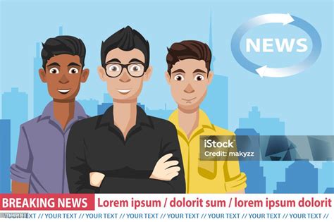 Tv 방송 뉴스에 앵커 맨 속보 벡터 일러스트 레이 션 텔레비전 개념에 미디어 기자와 뉴스를 방송 하는 뉴스 앵커 화면에 살고