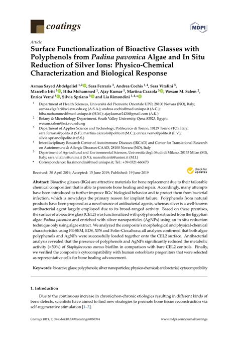 Pdf Surface Functionalization Of Bioactive Glasses With Polyphenols From Padina Pavonica Algae