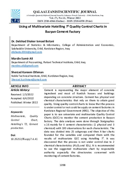 Pdf Using Of Multivariate Hotelling T2 Quality Control Charts In Bazyan Cement Factory