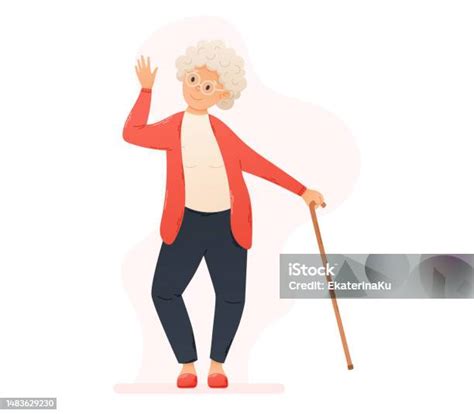 웃긴 쾌활한 춤을 추거나 지팡이를 짚고 노파를 흔든다 연금 수급자 할머니의 벡터 격리된 평면 그림 여자 노인에 대한 스톡 벡터