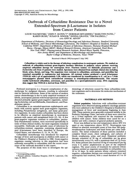 Pdf Outbreak Of Ceftazidime Resistance Due To A Novel Extended Spectrum Lactamase In Isolates