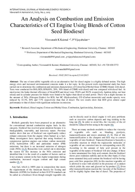 Pdf An Analysis On Combustion And Emission Characteristics Of Ci Engine Using Blends Of Cotton