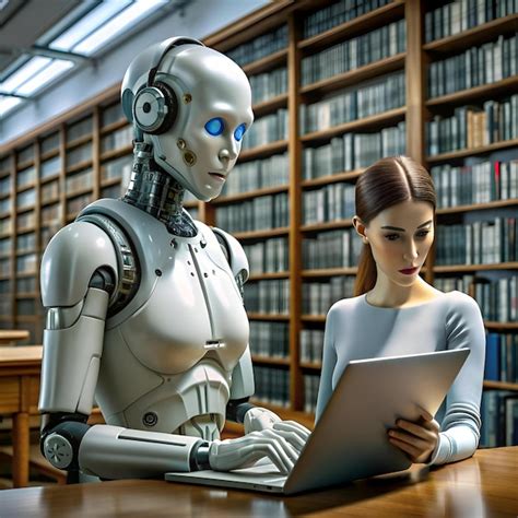 A Futuristic Librarian Robot Assists A Young Woman In A Library Setting Premium Ai Generated Image