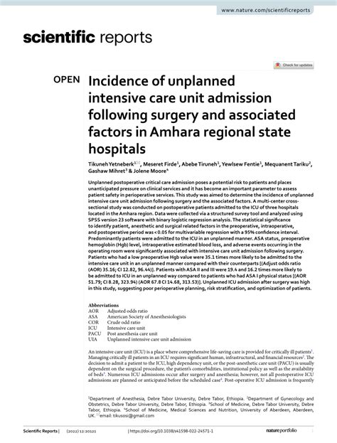 Pdf Incidence Of Unplanned Intensive Care Unit Admission Following Surgery And Associated