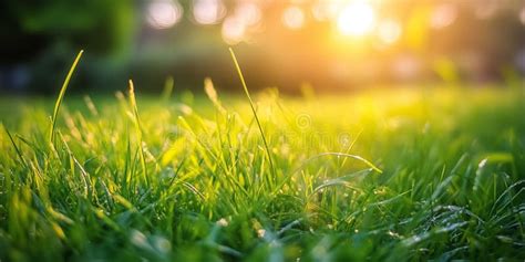 Close Up Of Fresh Green Grass In Morning Sunlight With Dew Drops Capturing The Brightness And