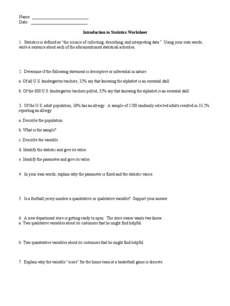 Introduction To Statistics Worksheet Pdf Statistics