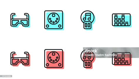 세트 일시 정지 버튼 안경 드럼 머신 및 음악 이퀄라이저 아이콘을 설정합니다 벡터 건강관리와 의술에 대한 스톡 벡터 아트 및