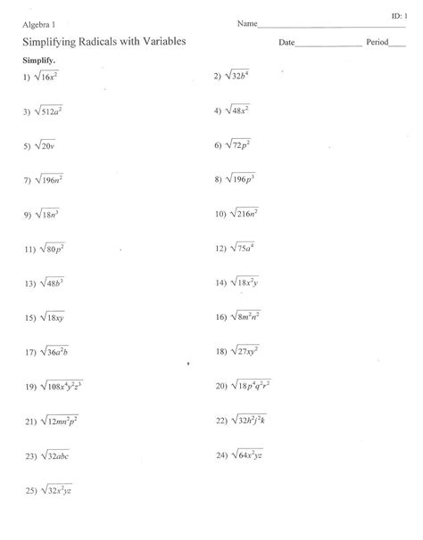 Algebra 1 Simplifying Radicals