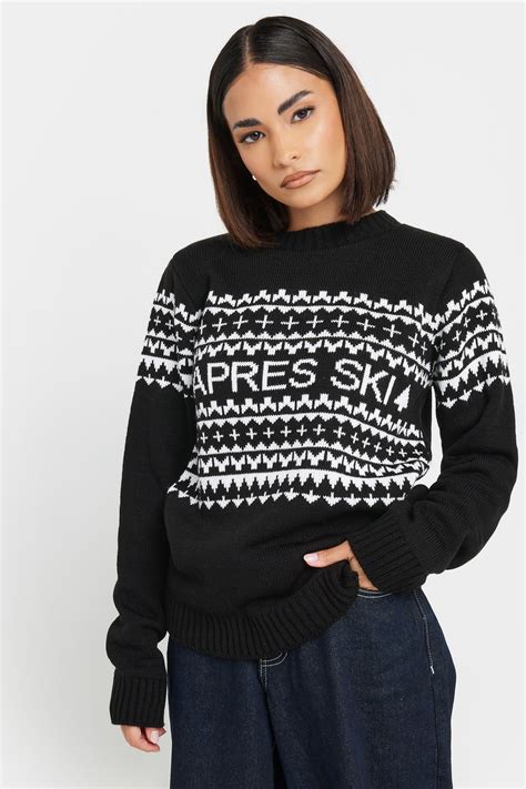 Pixiegirl Petite Womens Black Knitted Apres Ski Slogan Jumper