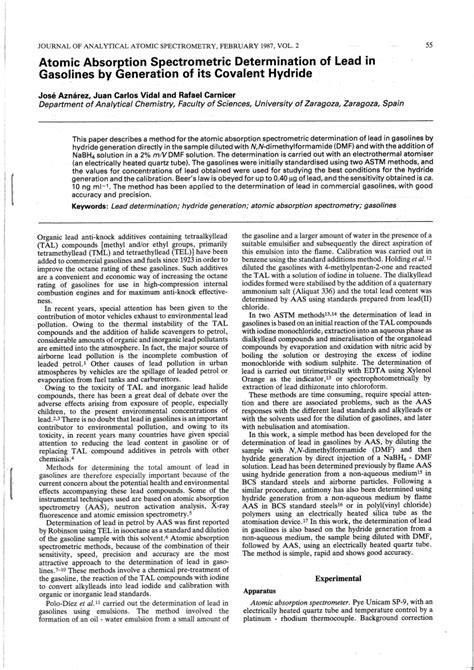 Pdf Atomic Absorption Spectrometric Determination Of Lead In Gasolines By Generation Of Its